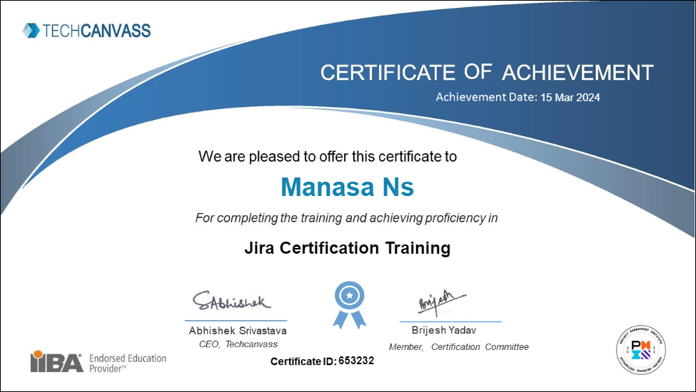 Proficiency Certificate – Manasa Ns | Techcanvass